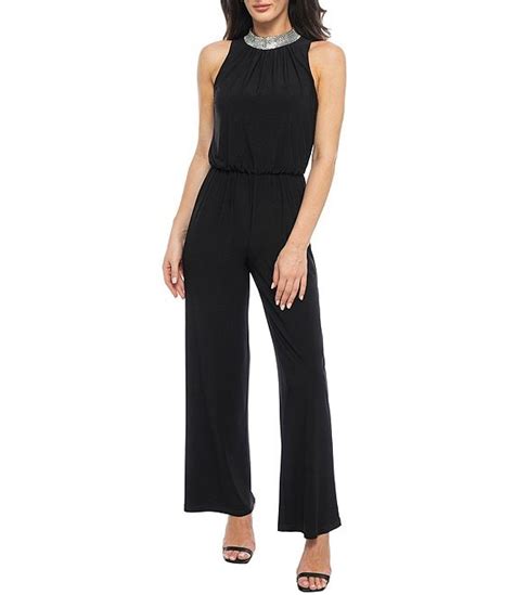Marina Beaded Halter Neck Sleeveless Straight Leg Jumpsuit Dillards
