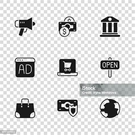 방패 매달려 기호 텍스트 열다 전세계 쇼핑 카트 화면 노트북 은행 건물 메가폰 스택 지폐 현금 및 광고 아이콘으로 돈을 설정합니다 벡터 0명에 대한 스톡 벡터 아트 및 기타