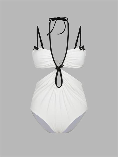 Knit Fabric Contrasting Binding Halter One Piece Swimsuit For Beach