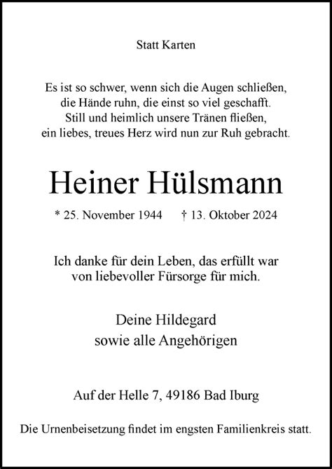 Traueranzeigen Von Heiner Hülsmann Noz Trauerportal