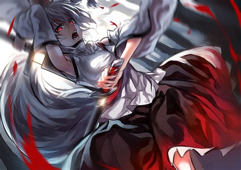 Touhou Inubashiri Momiji Short Hair Red Eyes Flower Petals Katana