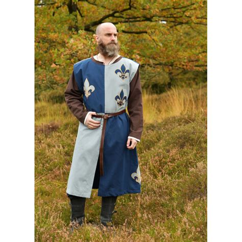 Tabard Médiéval Doublé Fleur De Lys Bleu Bleu Gris