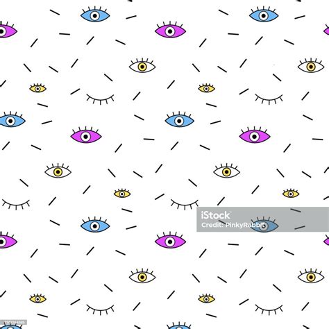 흰색 배경에 검은 파란색 분홍색 노란색 눈과 선이있는 벡터 패턴 검은색에 대한 스톡 벡터 아트 및 기타 이미지 검은색 곡선