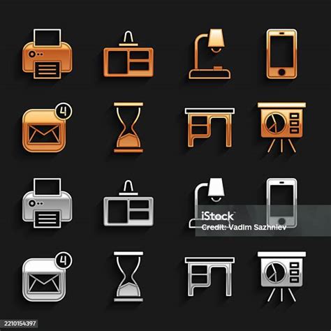 오래된 모래 시계 휴대 전화 그래프가있는 보드 사무실 책상 봉투 테이블 램프 프린터 및 신분증 배지 아이콘을 설정합니다 벡터 검은색에 대한 스톡 벡터 아트 및 기타 이미지