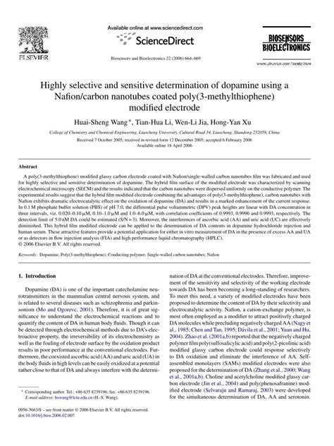 Pdf Highly Selective And Sensitive Determination Of Dopamine Using A