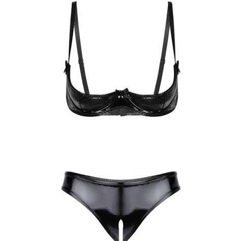 IEFIEL Femme Ensemble Lingerie Cuir Verni Soutien Gorge Bra Ouvert Push