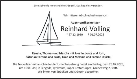 Traueranzeigen Von Reinhard Volling Trauer38 De