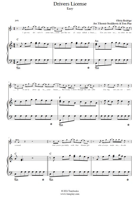 Drivers License Easy Level Solo Piano Olivia Rodrigo Piano Sheet