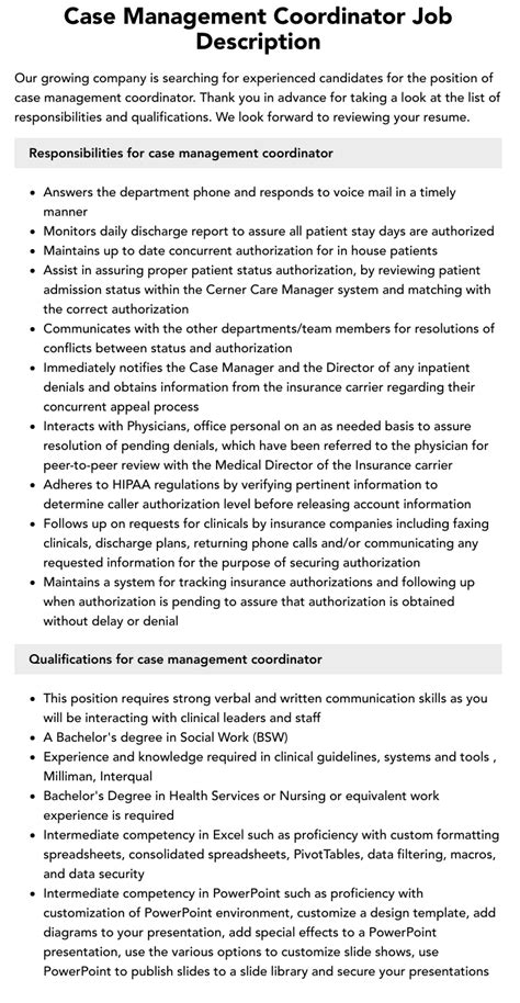 Case Management Coordinator Job Description Velvet Jobs