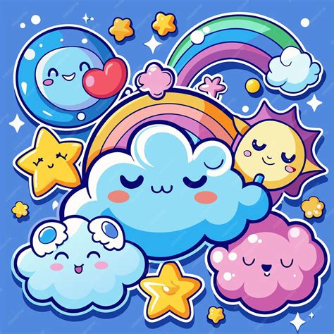 Cute Cloud With Rainbow And Stars Cartoon Illustration Premium Ai