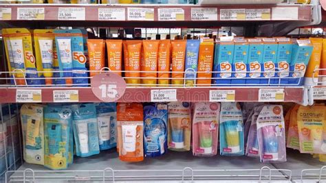 Various Kinds Of Sunscreen Product Display On Shelf At Citra Cosmetic