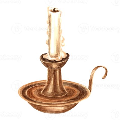 Watercolor Vintage Candle In Candlestick Isolated Template