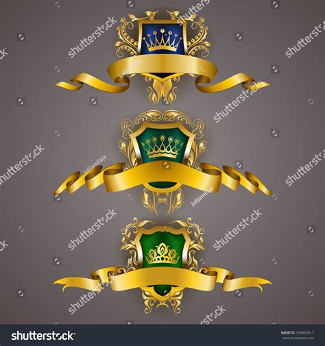 Set Golden Royal Shields Floral Elements Stock Vector Royalty Free