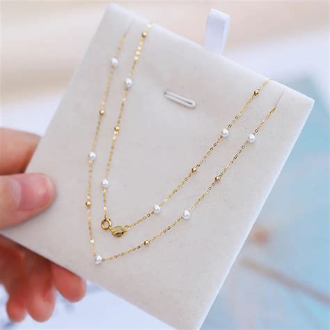 진짜 18k 골드 천연 담수 진주 목걸이 솔리드 작은 공 골든 쥬얼리 진짜 Au750 여성용 고급 선물 X0004