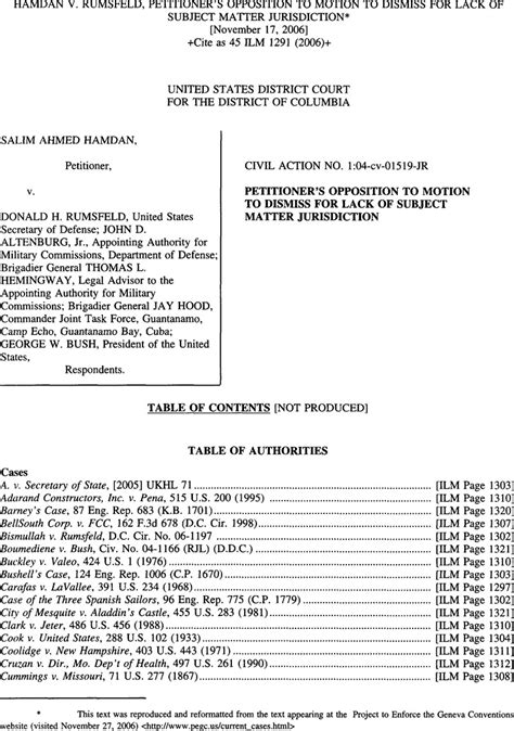 Hamdan V Rumsfeld Petitioners Opposition To Motion To Dismiss For