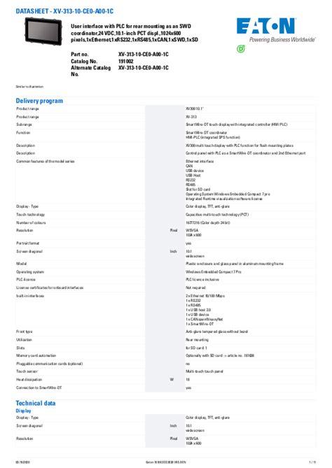 Cutler Hammer Div Of Eaton Corp Xv 313 10 Ce0 A00 1c Data Sheet