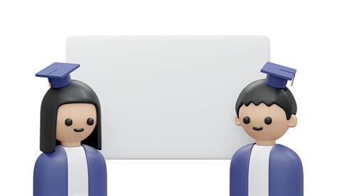 가운과 졸업 모자를 가진 아이들의 3d 렌더링은 학교로 돌아 오는 정보 개념을위한 빈 종이 공간 3d 렌더링 일러스트 만화
