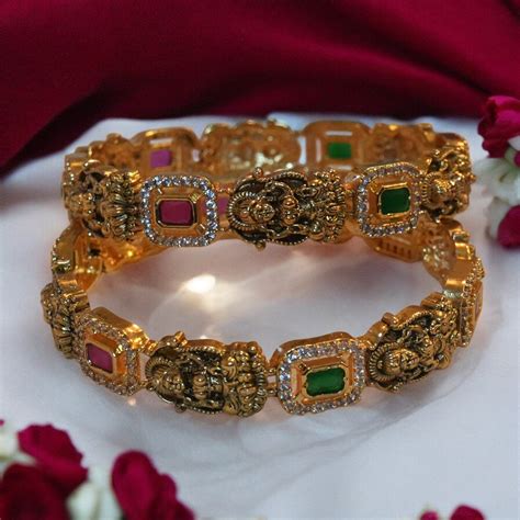 Antique Gold Lakshmi Temple Design Bangles Size 28 Tisharna