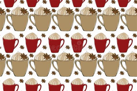 Seamless Christmas Pattern Cups Of Coffee And Sweets Hand Drawn