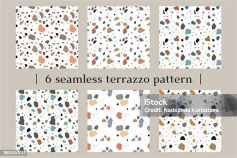 테라조 이음새가 없는 패턴 반복되는 화강암 질감 자연석 소재 모조품 트렌디한 이탈리안 디자인 추상 입자 벽과 바닥 타일 모자이크 콘크리트 화려한 벡터 세트 돌 건축자재에