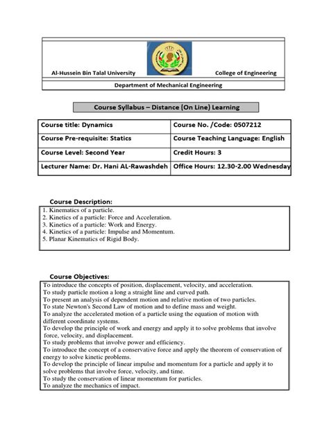 dynamics syllabus pdf kinematics equations of motion