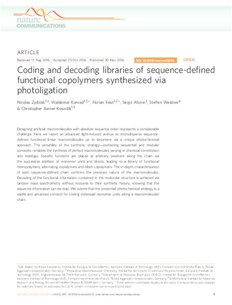 Pdf Coding And Decoding Libraries Of Sequence Defined Functional Copolymers Synthesized Via