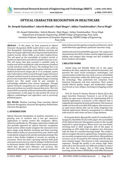 Optical Character Recognition In Healthcare Pdf