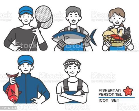 어류 조개류 타모 그물 등으로 어업과 관련된 어부와 남녀의 벡터 일러스트 자료 해산물 상륙 1 차 산업 갑각류에 대한 스톡 벡터 아트 및 기타 이미지 Istock