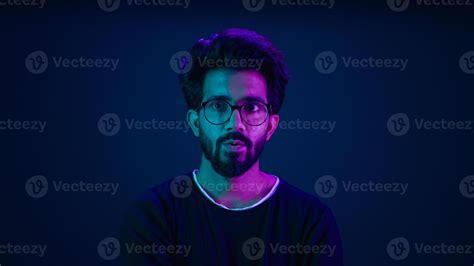 Male Portrait Neon Background Shocked Amazed Astonish Wonder Indian Man