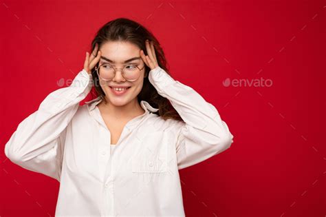 Beautiful Young Happy Joyful Funny Smiling Curly Brunette Woman Wearing