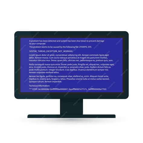 죽음의 블루 스크린이 있는 데스크탑 모니터 Bsod 시스템 충돌 보고서 소프트웨어 또는 하드웨어의 치명적인 오류 깨진 컴퓨터 벡터 일러스트 프리미엄 벡터