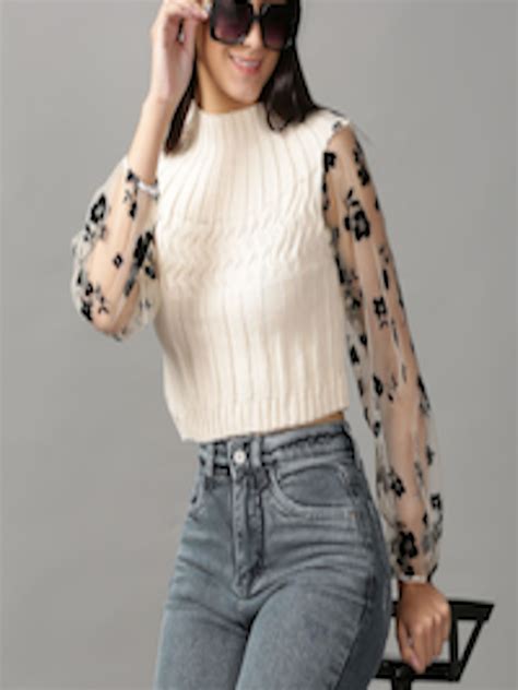 Buy Showoff Women Cream Coloured And Black Striped Top Tops For Women