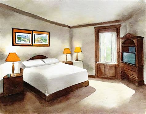 Watercolor Of Neat Bedroom With Spacious Bed And Stock Illustration