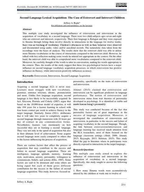 Second Language Lexical Acquisition The Case Of Extrovert And