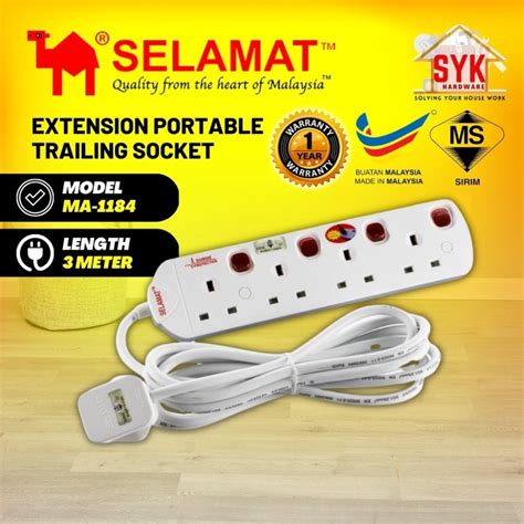 Syk Selamat Ma 1184 Neon 3 Meter 4 Gang Surge Protector Extension Plug Heavy Duty Extension