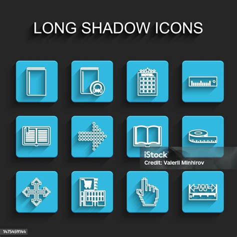 선 설정 픽셀 화살표 네 방향 쇼핑몰 또는 슈퍼마켓 건물 책 손 커서 높이 길이 측정 점 줄자 및 책 열기 아이콘 벡터 4가지