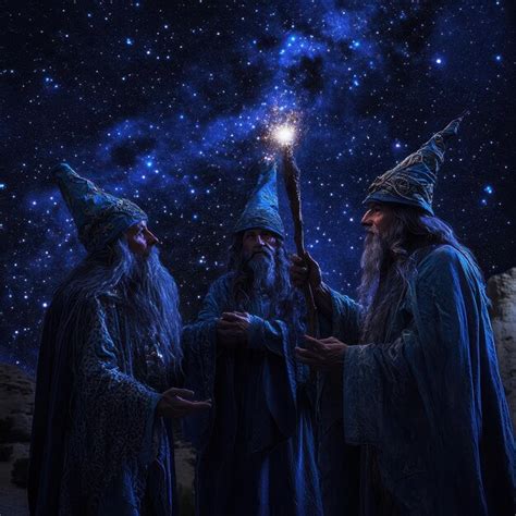 Wizards Casting Spells Under a Starry Night | Premium AI-generated image