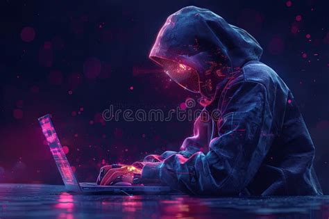 A Hacker In A Hoodie With A Face Mask Using A Laptop In The Style Of Cyber Security Concept On