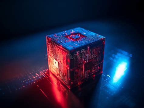3d Rendered Cube Of Binary Data Glowing With Red Color On Computer