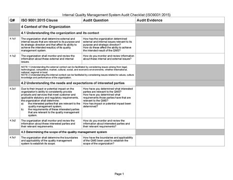Internal Quality Management System Audit Checklist Schemes And