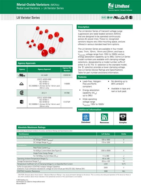 Littelfuse Varistor La Datasheet Pdf Pdf Metrology Quantity