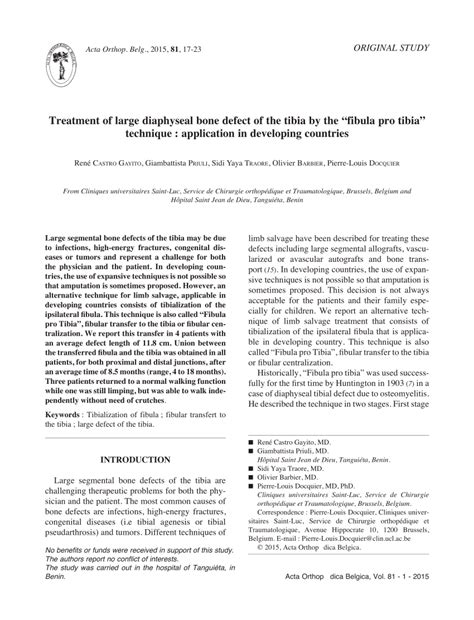 Pdf Treatment Of Large Diaphyseal Bone Defect Of The Tibia By The Fibula Pro Tibia Technique