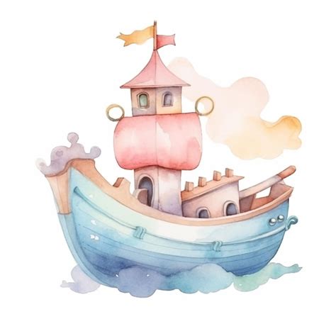 Premium Photo Watercolor Illustration Of A Boat With A Red Flag On