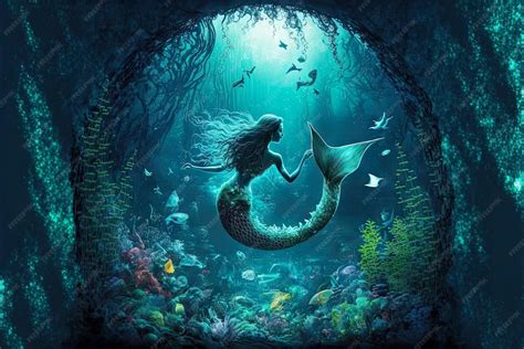 Premium Photo Underwater Fantasy World Beautiful Mermaid With Tail In