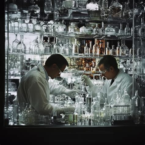 Two Scientists In Lab Coats Work With Beakers And Glassware Conducting
