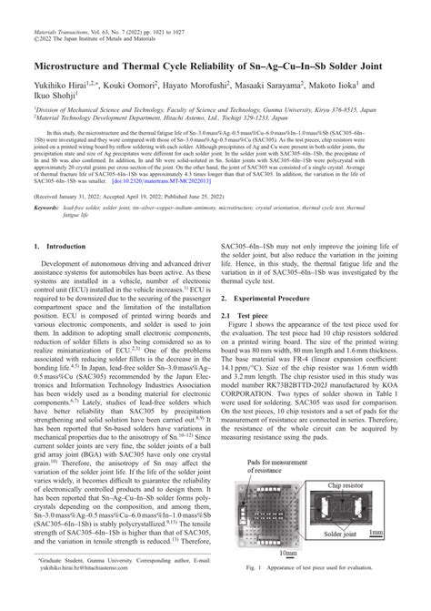 Pdf Microstructure And Thermal Cycle Reliability Of Sn Ag Cu In Sb