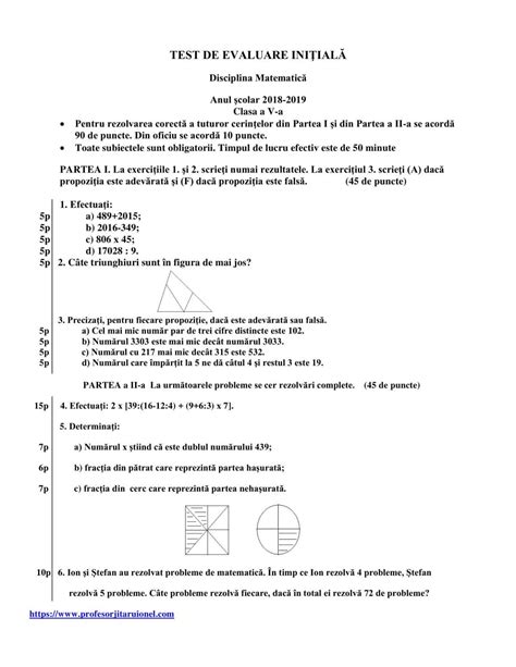 Test Initial Matematica Clasa A 5 A Cu Rezolvare Barem An Scolar