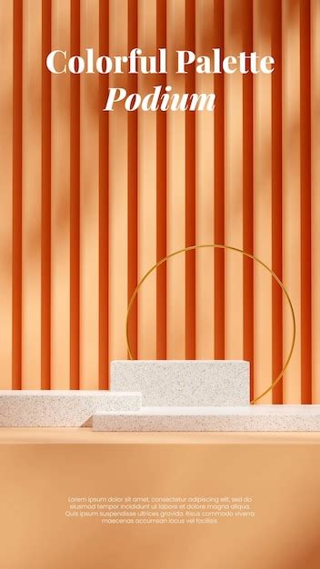 Подиум из блоков терраццо в портретном золотом кольце и желтой текстурированной стене 3d макет