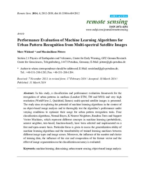 Pdf Performance Evaluation Of Machine Learning Algorithms For Urban