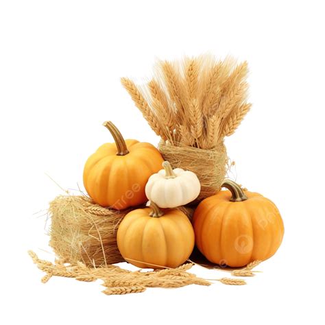 Autumn Composition Of Golden Pumpkins And Straw Bales Thanksgiving And